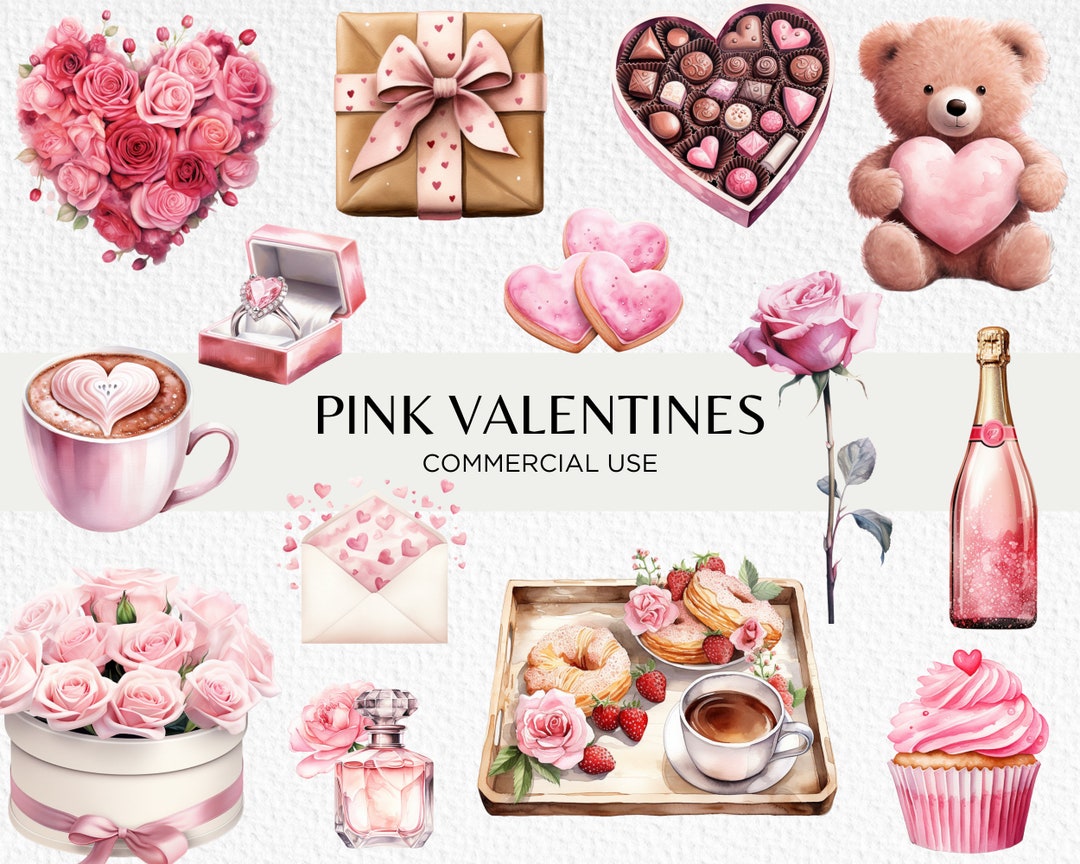 Pink Valentines Watercolour Clipart, 20 Transparent PNG 300 Dpi, Cute ...