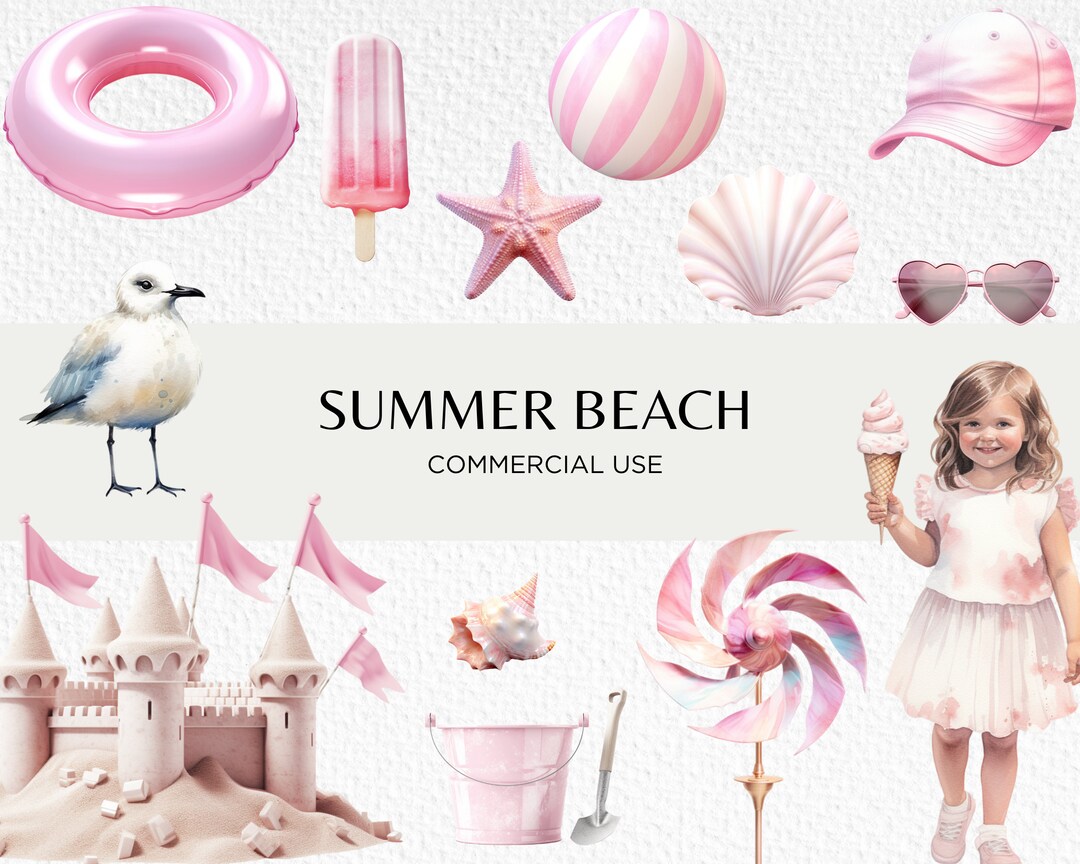 Girly Summer Beach Watercolour Clipart Bundle, 24 Transparent PNG 300 ...