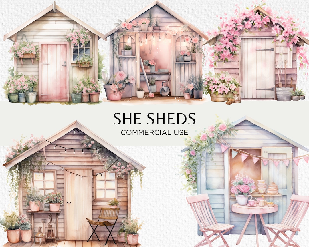 She Shed Watercolour Clipart, 20 Transparent PNG 300 Dpi, Cute Pink ...