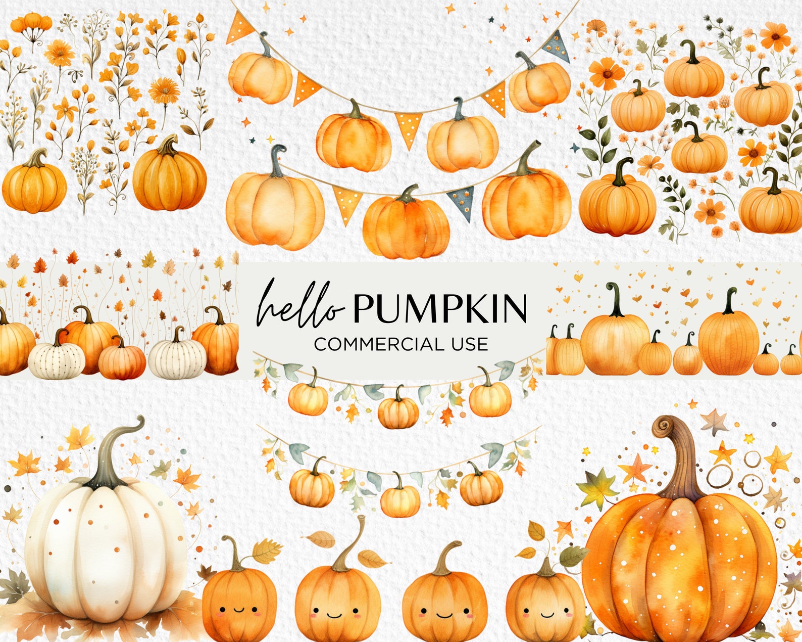 Cute Pumpkins Watercolour Clipart, 20 Transparent PNG 300 Dpi, Fall ...