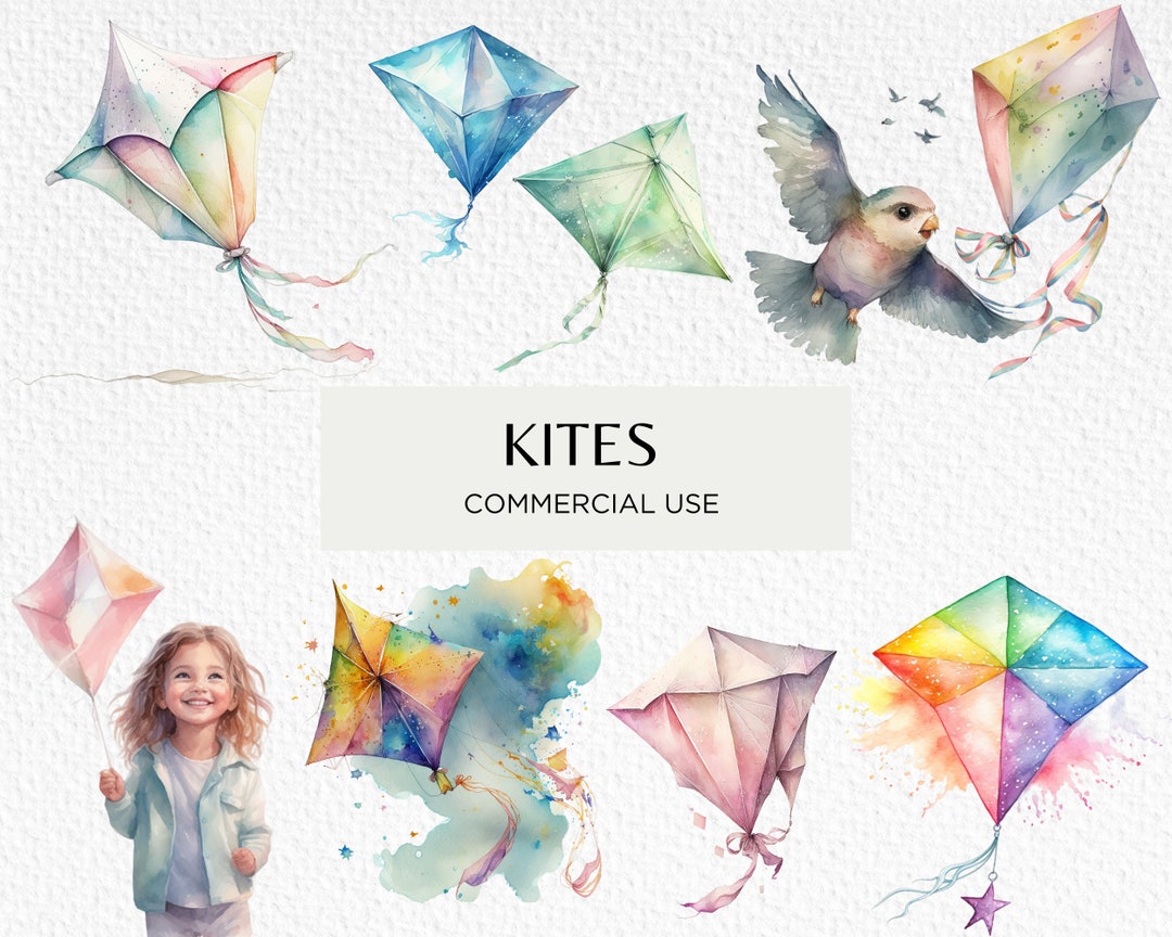 Watercolour Kites Clipart Bundle, 18 Transparent PNG 300 Dpi, Colourful ...