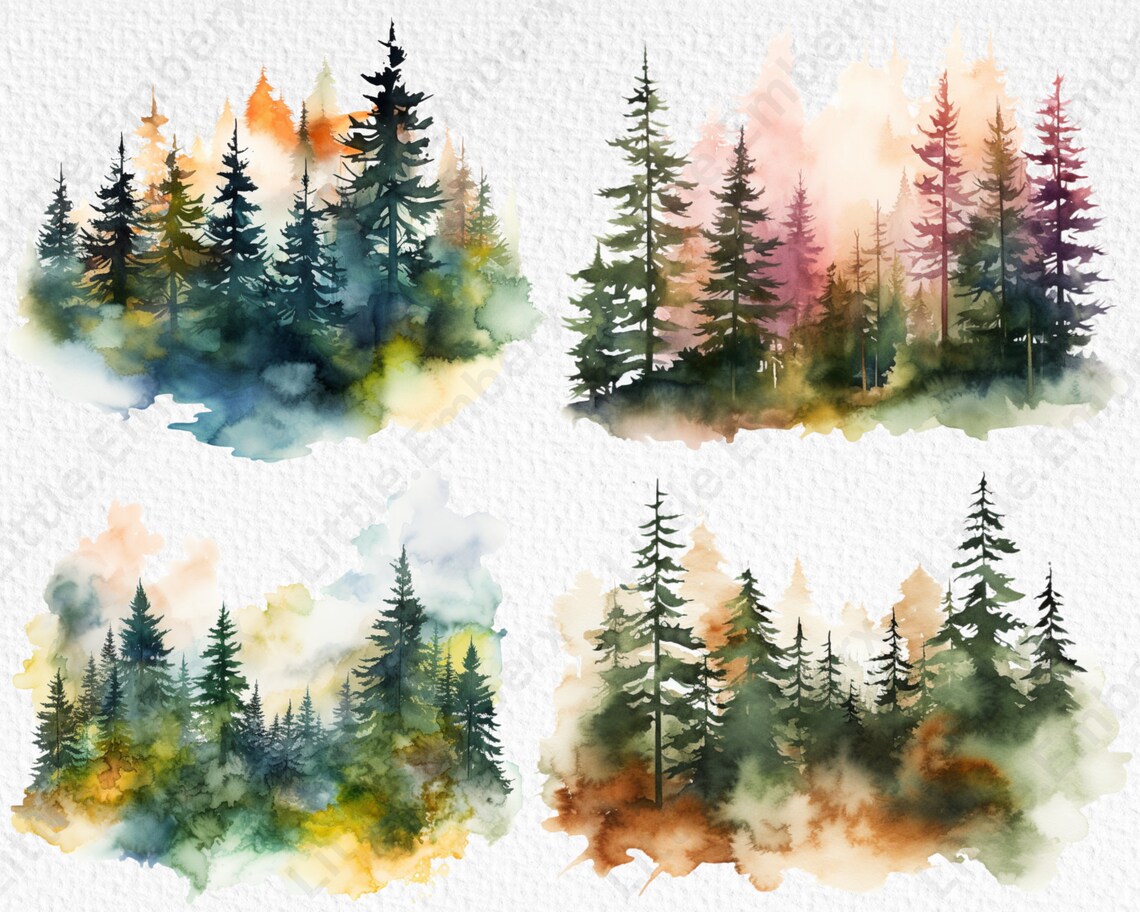 Foggy Forest Watercolour Clipart, 20 Transparent PNG 300dpi, Pine Tree ...