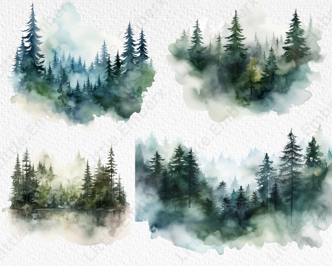 Foggy Forest Watercolour Clipart, 20 Transparent PNG 300dpi, Pine Tree ...