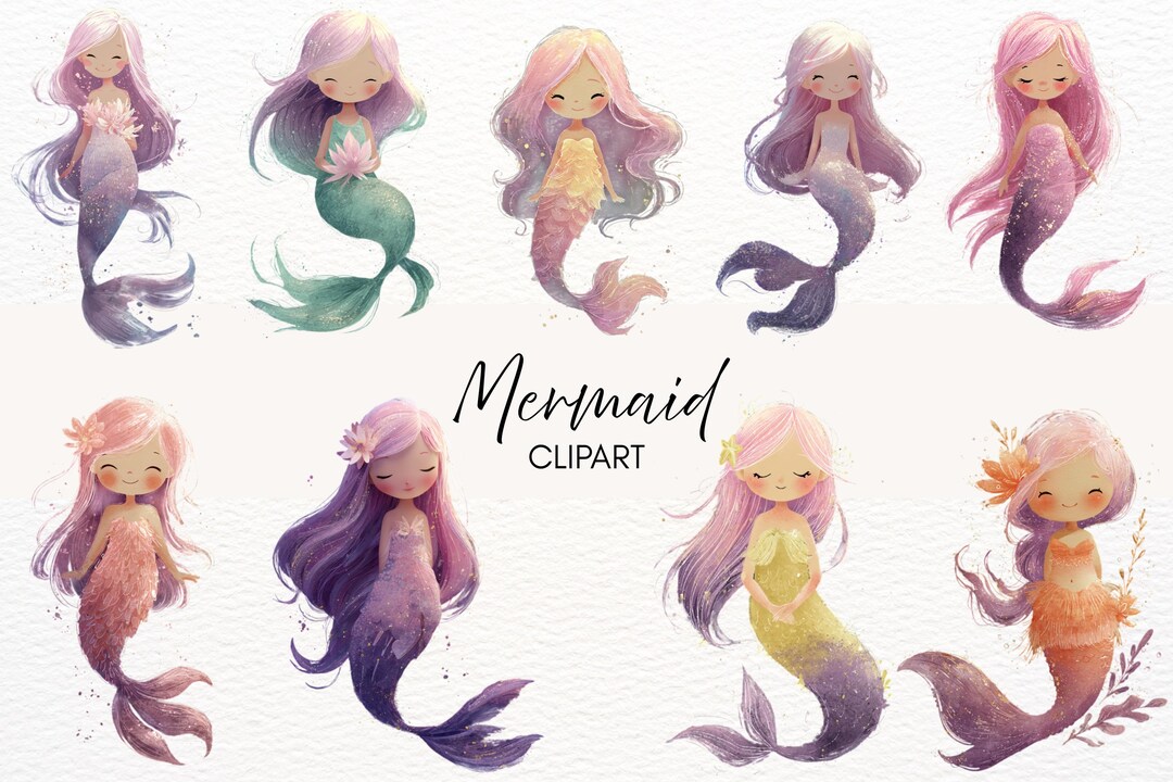 Pastel Mermaids Clipart, Watercolour Merpeople Graphics, Cute Mermaid ...