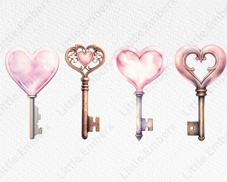 Keys Watercolour Clipart, 10 Transparent PNG 300 Dpi, Romantic Love ...