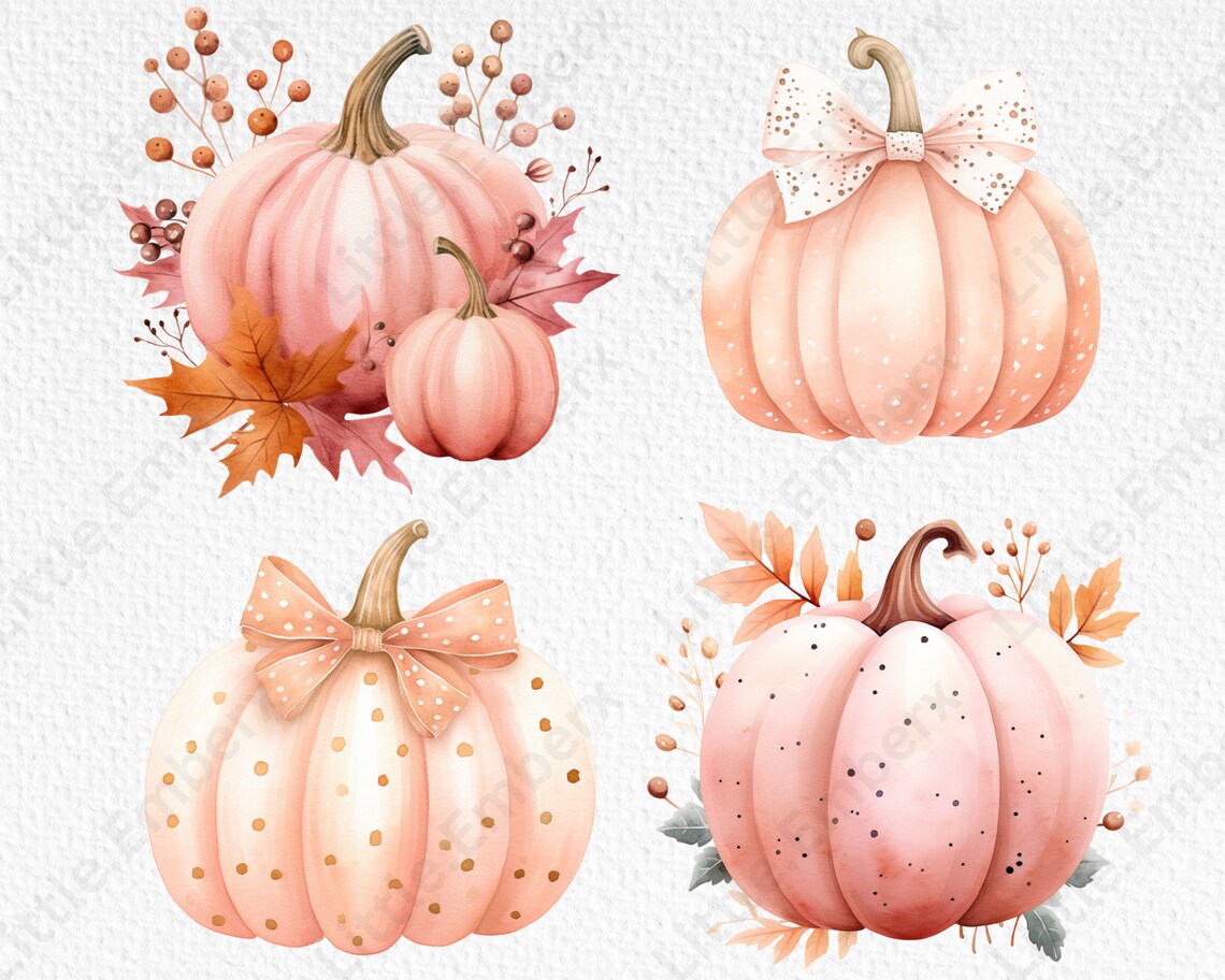 Cute Pink Pumpkins Watercolour Clipart, 20 Transparent PNG 300 Dpi ...
