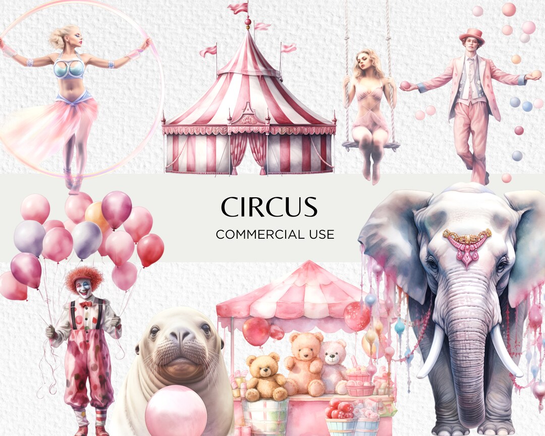 Pink Circus Watercolour Clipart Bundle, 18 Transparent PNG 300 Dpi ...