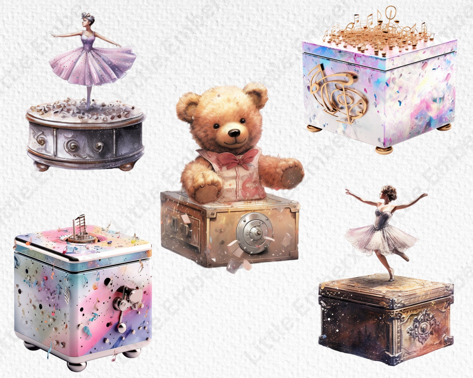 Watercolour Music Box Clipart Bundle, 18 Transparent Isolated PNG 300 ...
