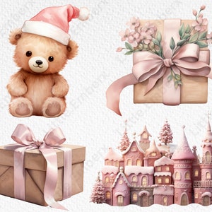 Cute Pink Christmas Watercolour Clipart, 20 Transparent PNG 300 Dpi ...