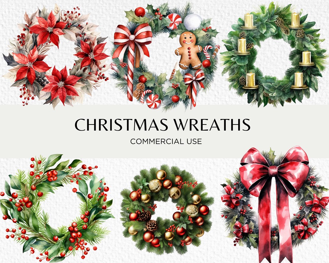 Christmas Wreath Watercolour Clipart Bundle, 24 Transparent PNG 300 Dpi ...