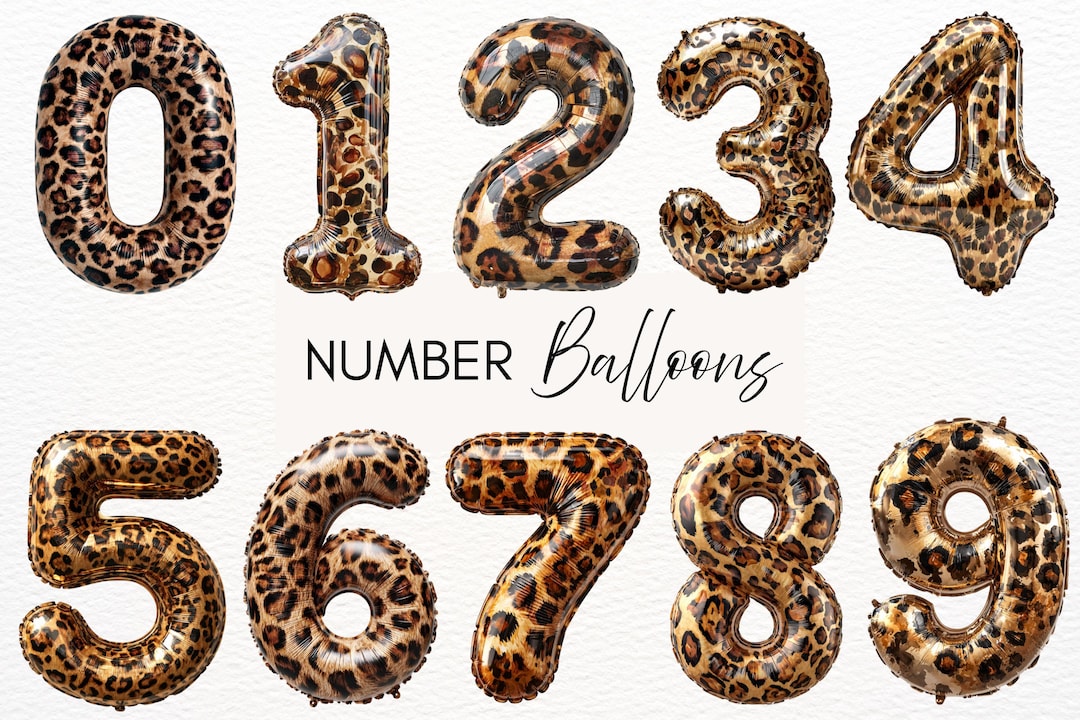 Leopard Print Number Balloons Clipart Bundle, 10 Transparent PNG 300 ...
