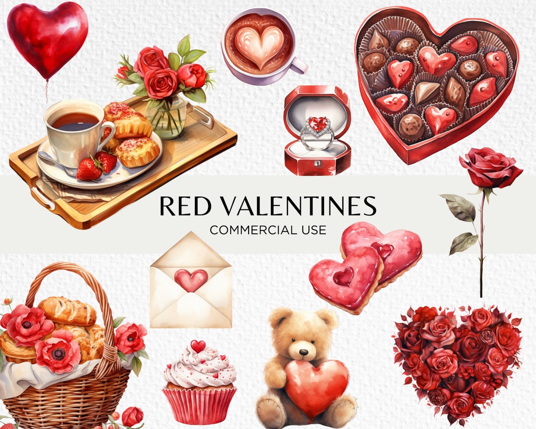 Red Valentines Watercolour Clipart, 20 Transparent PNG 300 Dpi, Cute ...
