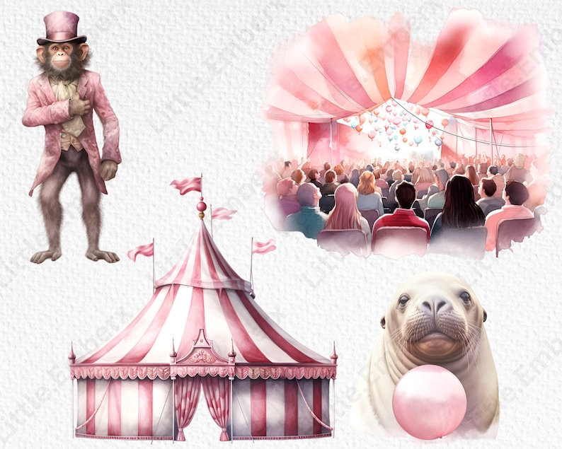 Pink Circus Watercolour Clipart Bundle, 18 Transparent PNG 300 Dpi ...