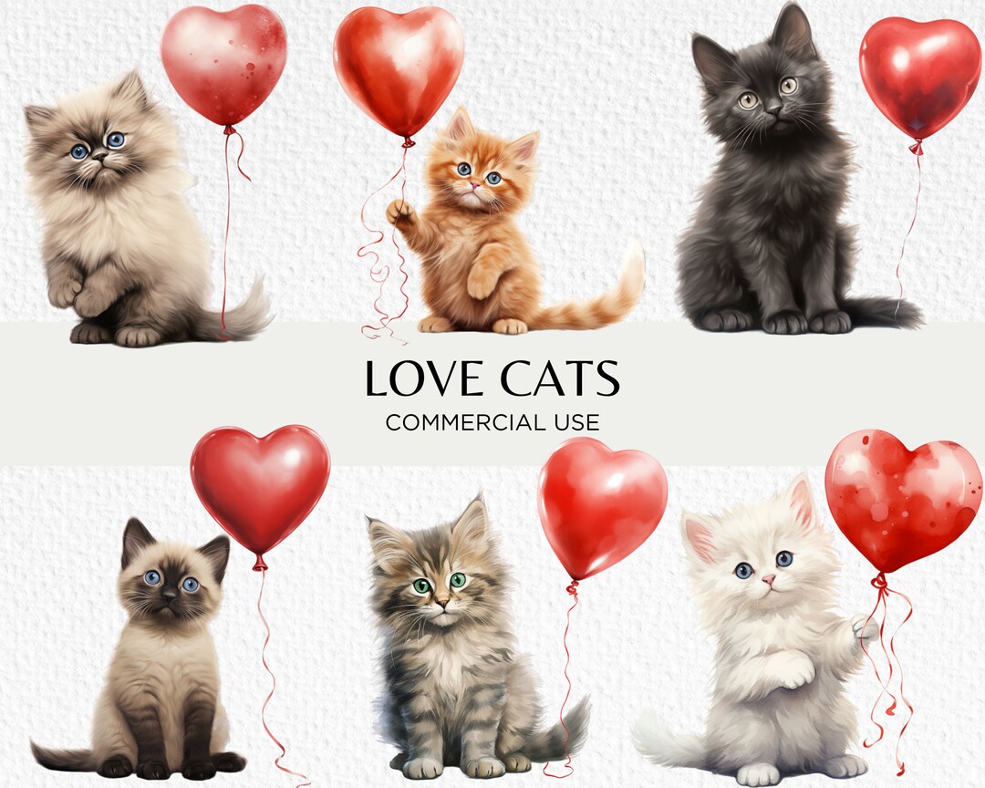 Love Cats Watercolour Clipart, 20 Transparent PNG 300 Dpi, Cute ...