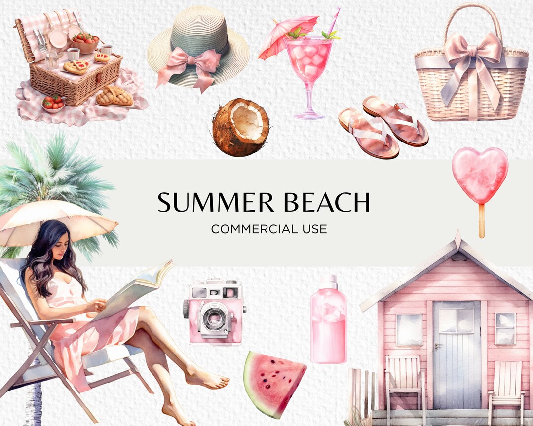 Summer Beach Watercolour Clipart Bundle, 24 Transparent PNG 300 Dpi ...