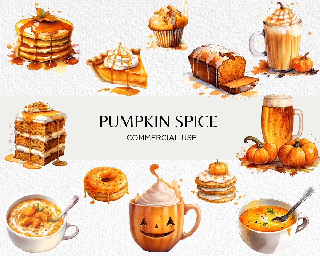 Pumpkin Spice Watercolour Clipart Bundle, 18 Transparent PNG 300 Dpi ...