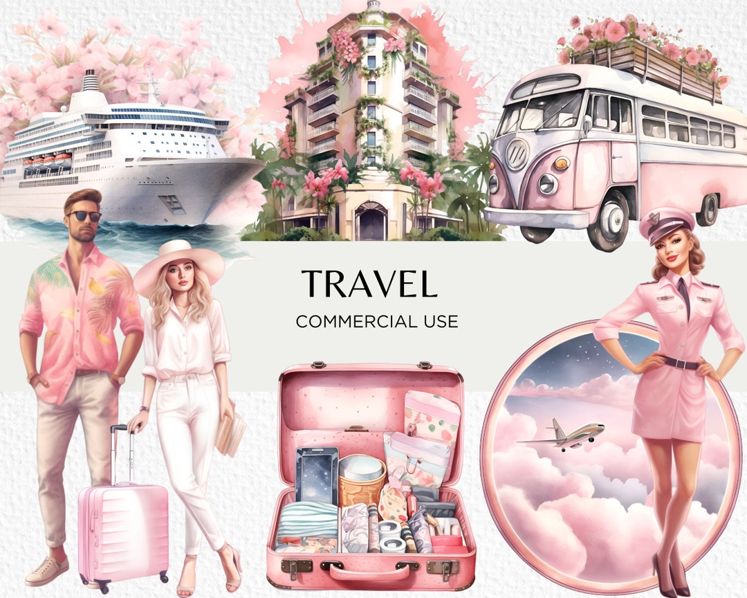 Pink Travel Watercolour Clipart Bundle, 22 Transparent PNG 300 Dpi ...