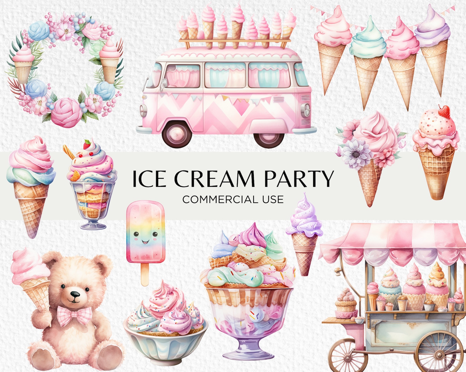 Ice Cream Party Watercolour Clipart, 20 Transparent PNG 300 Dpi, Pastel ...