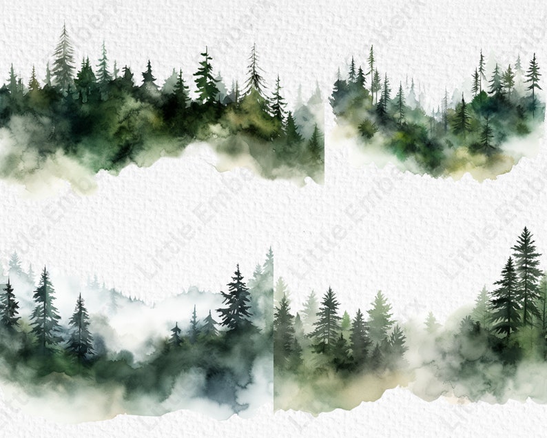 Foggy Forest Watercolour Clipart, 20 Transparent PNG 300dpi, Pine Tree ...