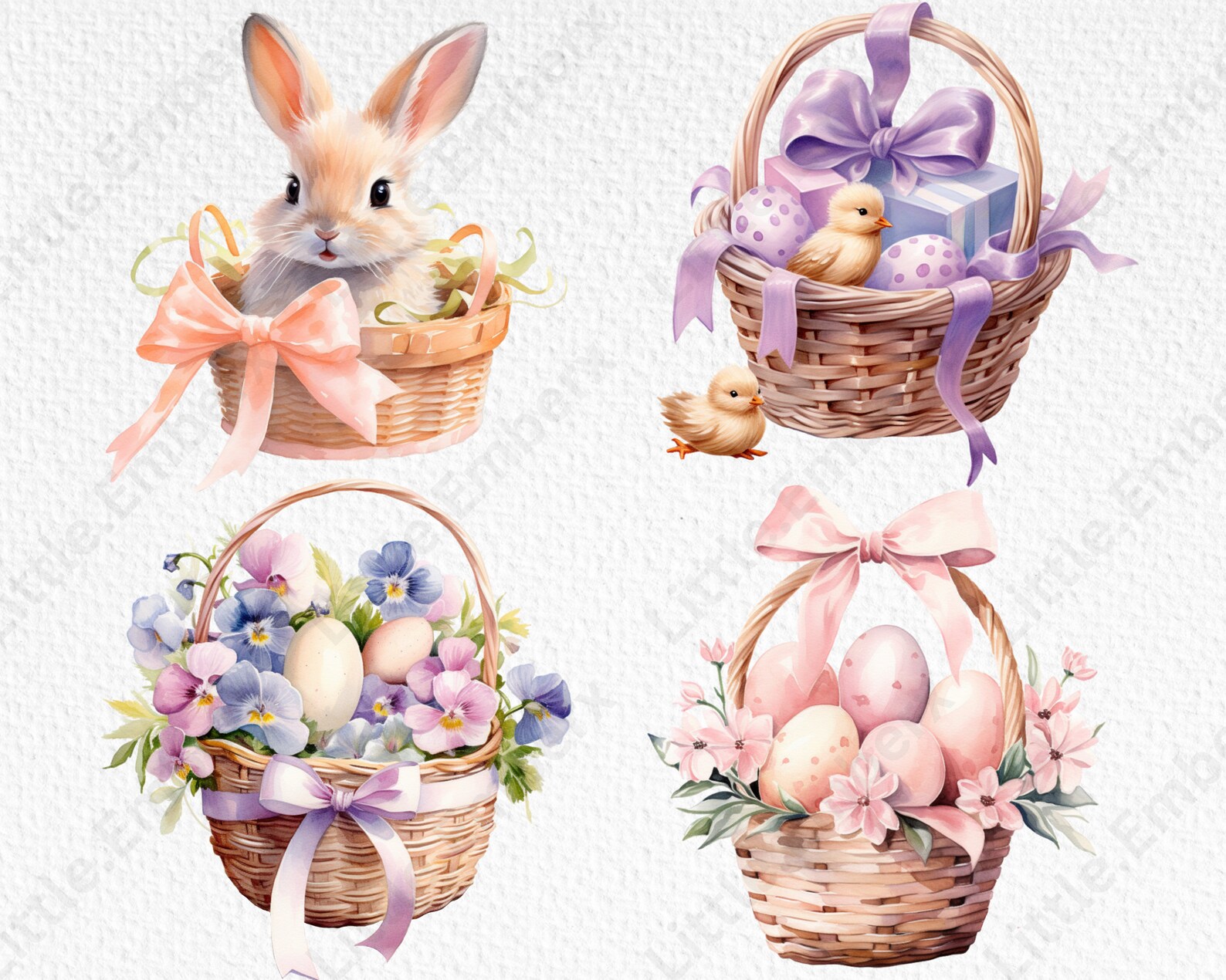 Easter Baskets Watercolour Clipart, 20 Transparent PNG 300 Dpi, Pastel ...