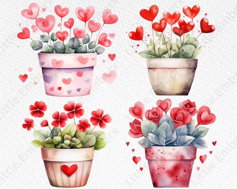 Cute Valentines Flower Pots Watercolour Clipart, 20 Transparent PNG 300 ...
