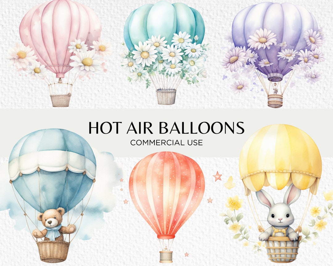 Cute Pastel Hot Air Balloons Watercolour Clipart, 20 Transparent PNG ...