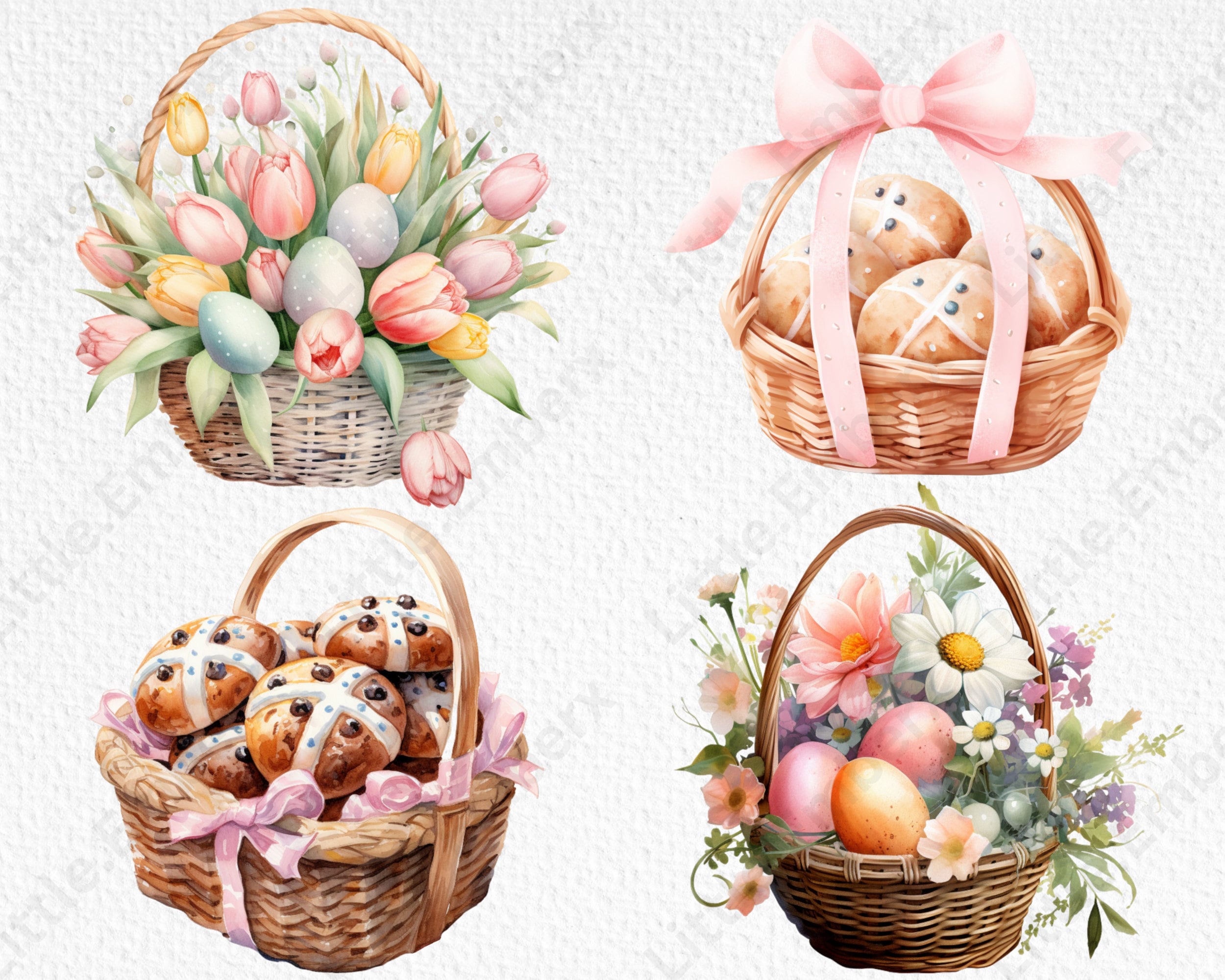 Easter Baskets Watercolour Clipart, 20 Transparent PNG 300 Dpi, Pastel ...