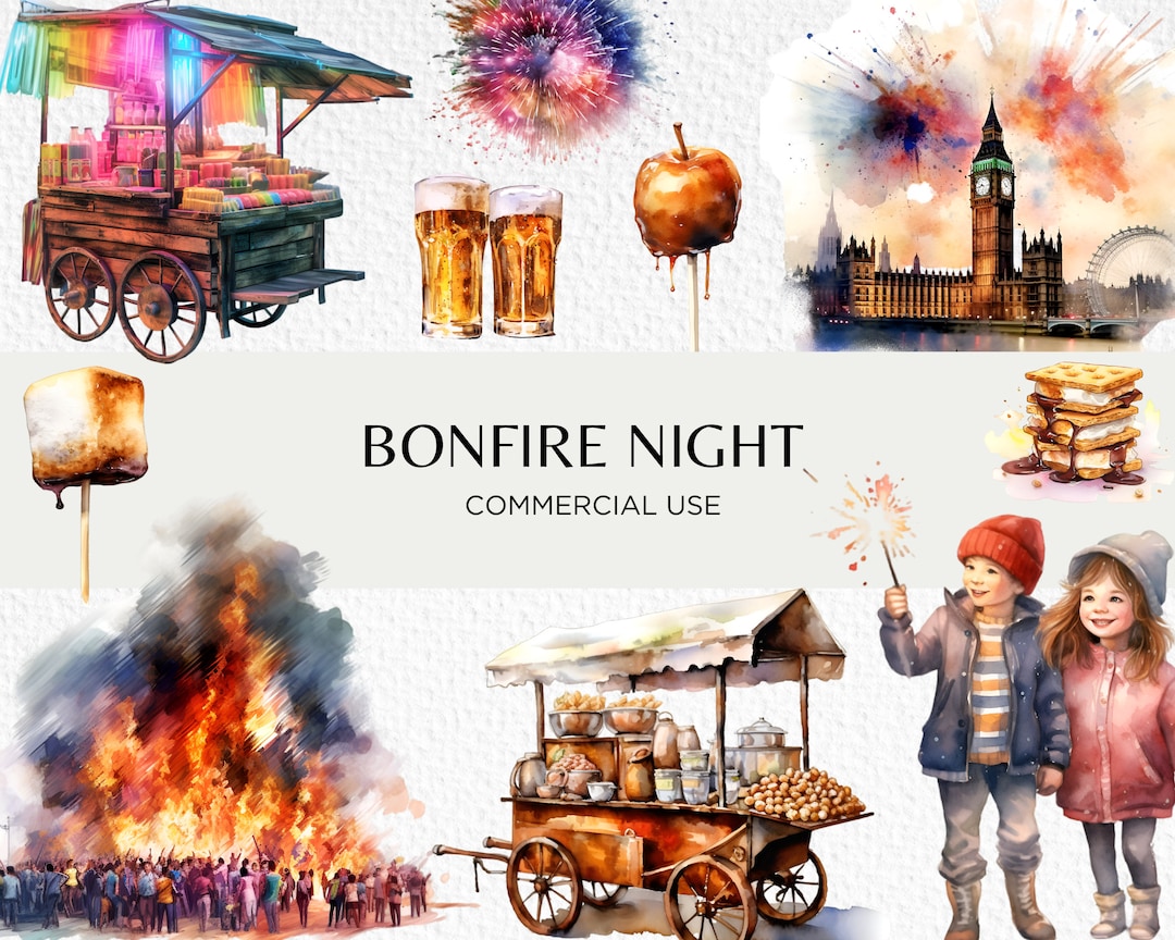 Bonfire Night Watercolour Clipart Bundle, 18 Transparent PNG 300 Dpi ...