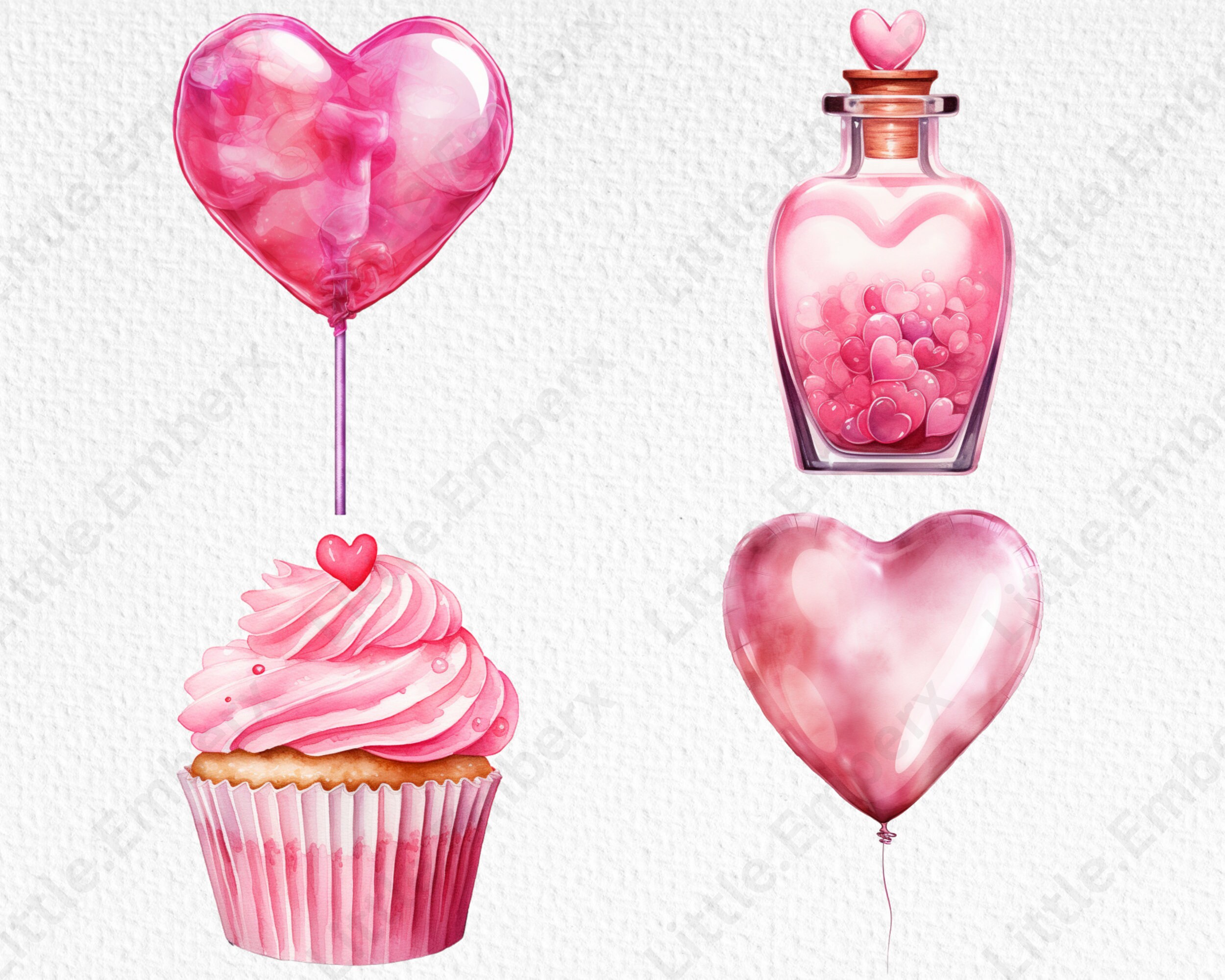Pink Valentines Watercolour Clipart, 20 Transparent PNG 300 Dpi, Cute ...
