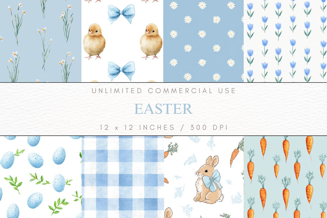Blue Easter Seamless Patterns, Pastel Digital Paper, Spring Flowers ...