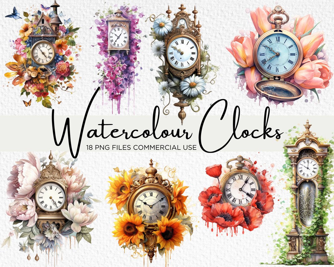 Watercolour Floral Vintage Clocks Clipart Bundle 18 - Etsy