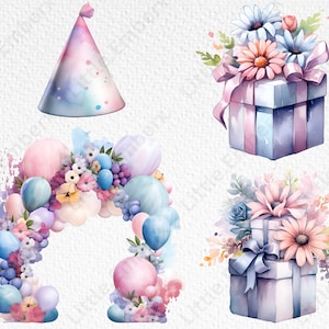 Pastel Birthday Party Watercolour Clipart Bundle, 20 Transparent PNG ...