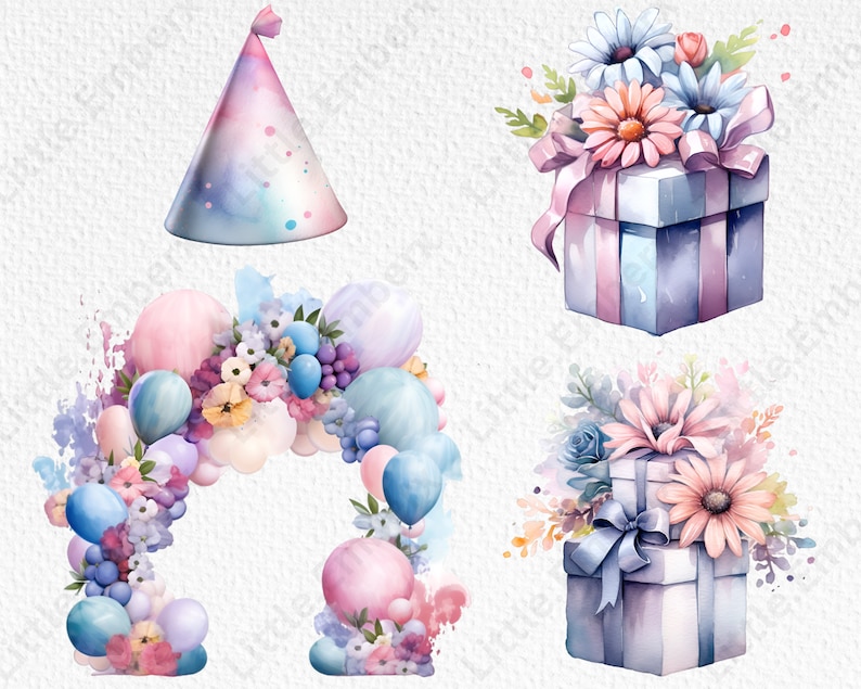 Pastel Birthday Party Watercolour Clipart Bundle, 20 Transparent PNG ...
