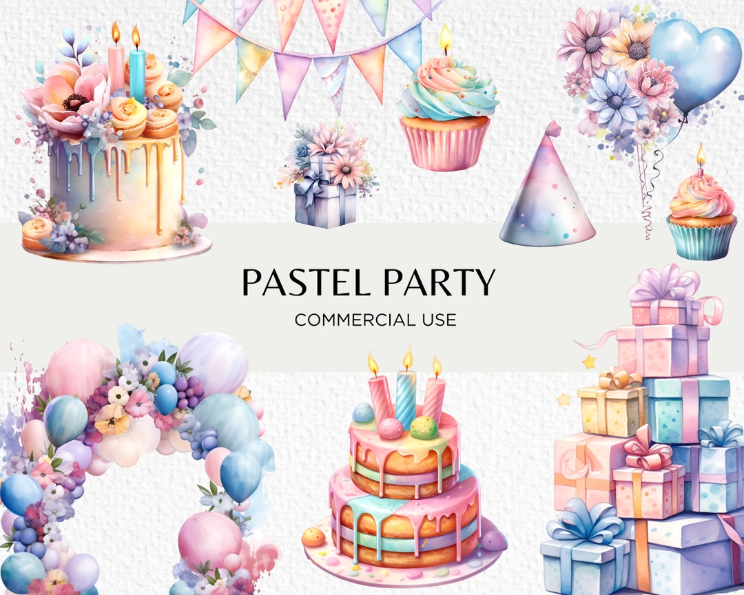 Pastel Birthday Party Watercolour Clipart Bundle, 20 Transparent PNG ...