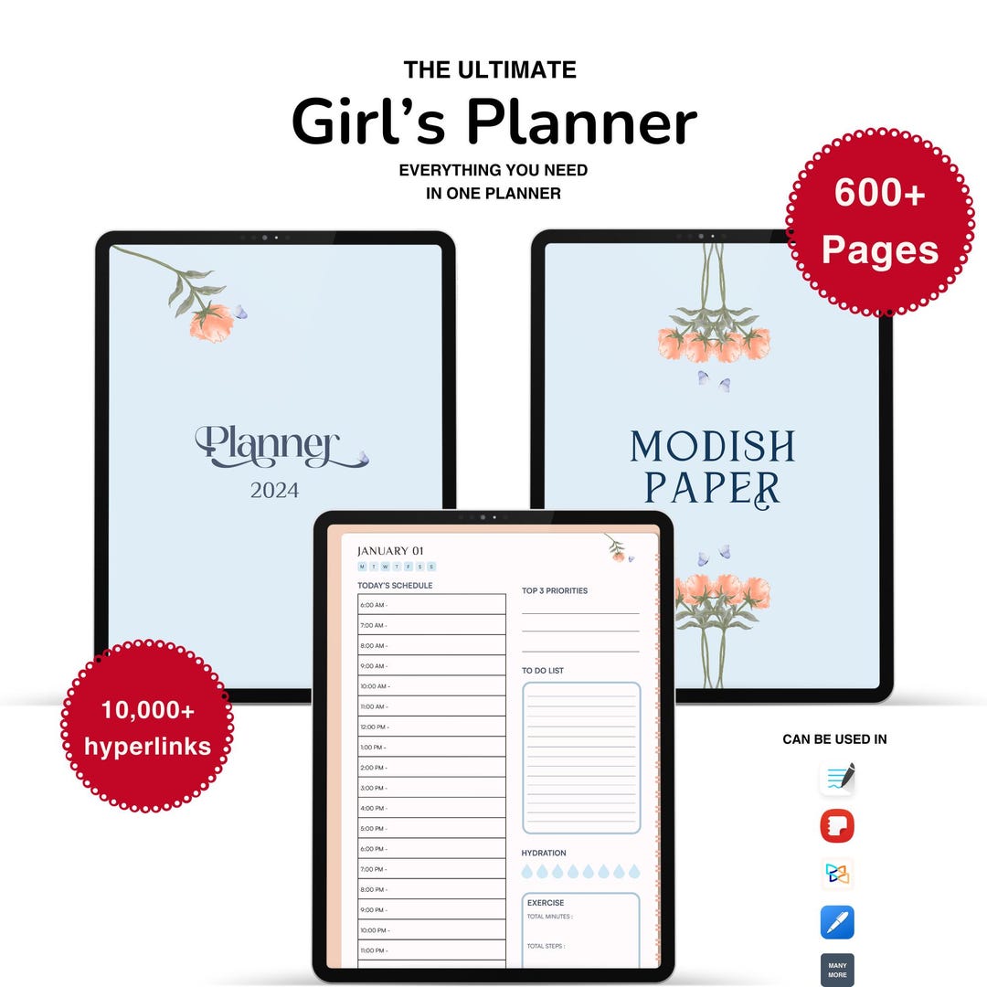 Ice Blue Wild Flowers Planner Girl's Planner Planner for Girls 2024 ...