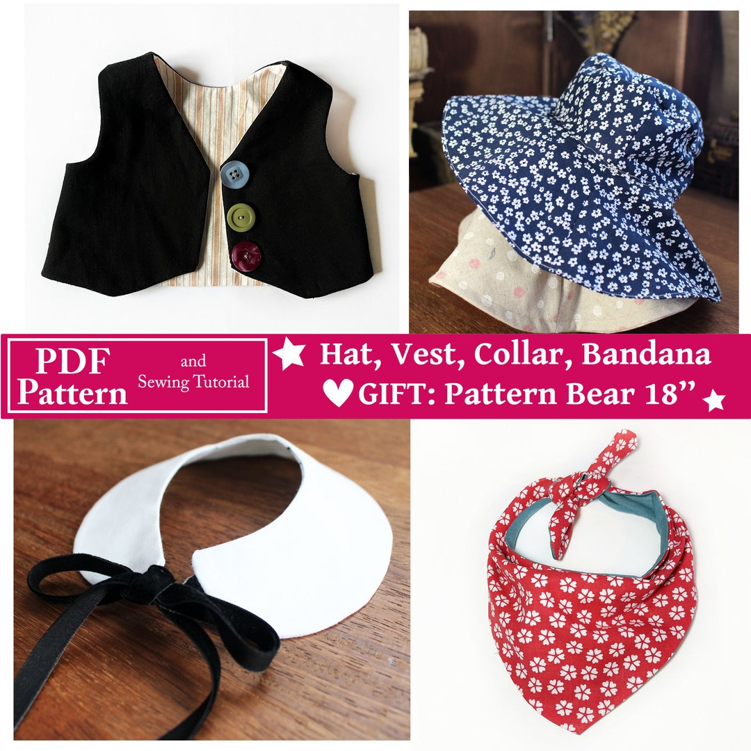 18" Memory Bear Clothes Sewing Pattern: Hat, Vest, Collar, Bandana (PDF ...