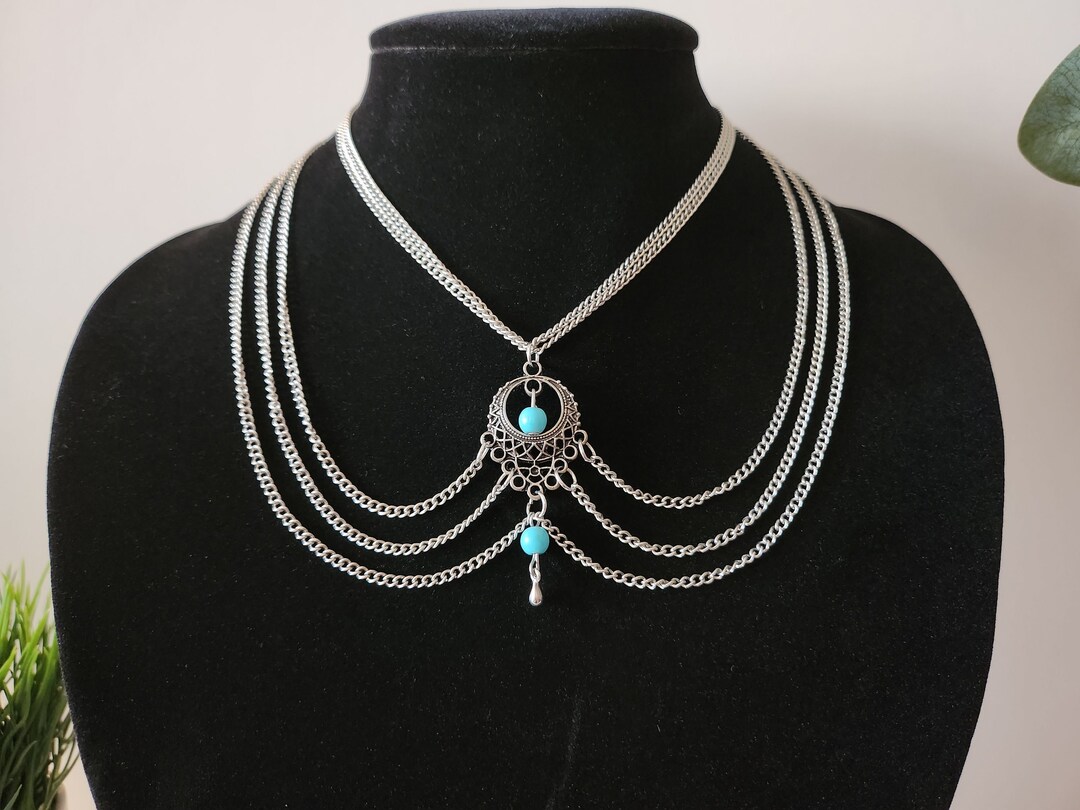 Retro Multi-strand Layered Chest Necklace With Faux Turquoise Beads - Etsy