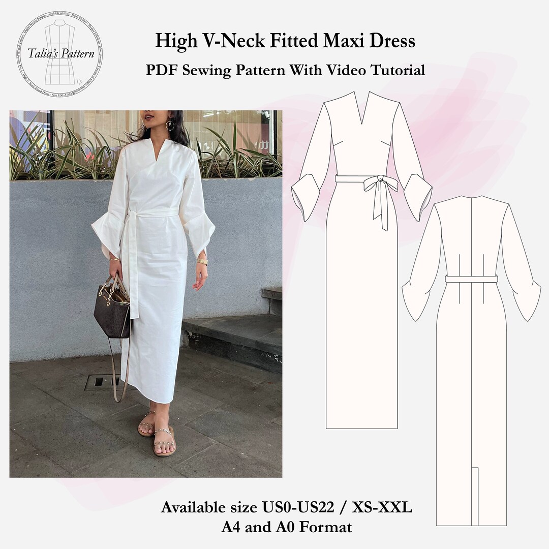 Formal and Casual Dress Pattern - Women's High V-neck Fitted Maxi Dress ...