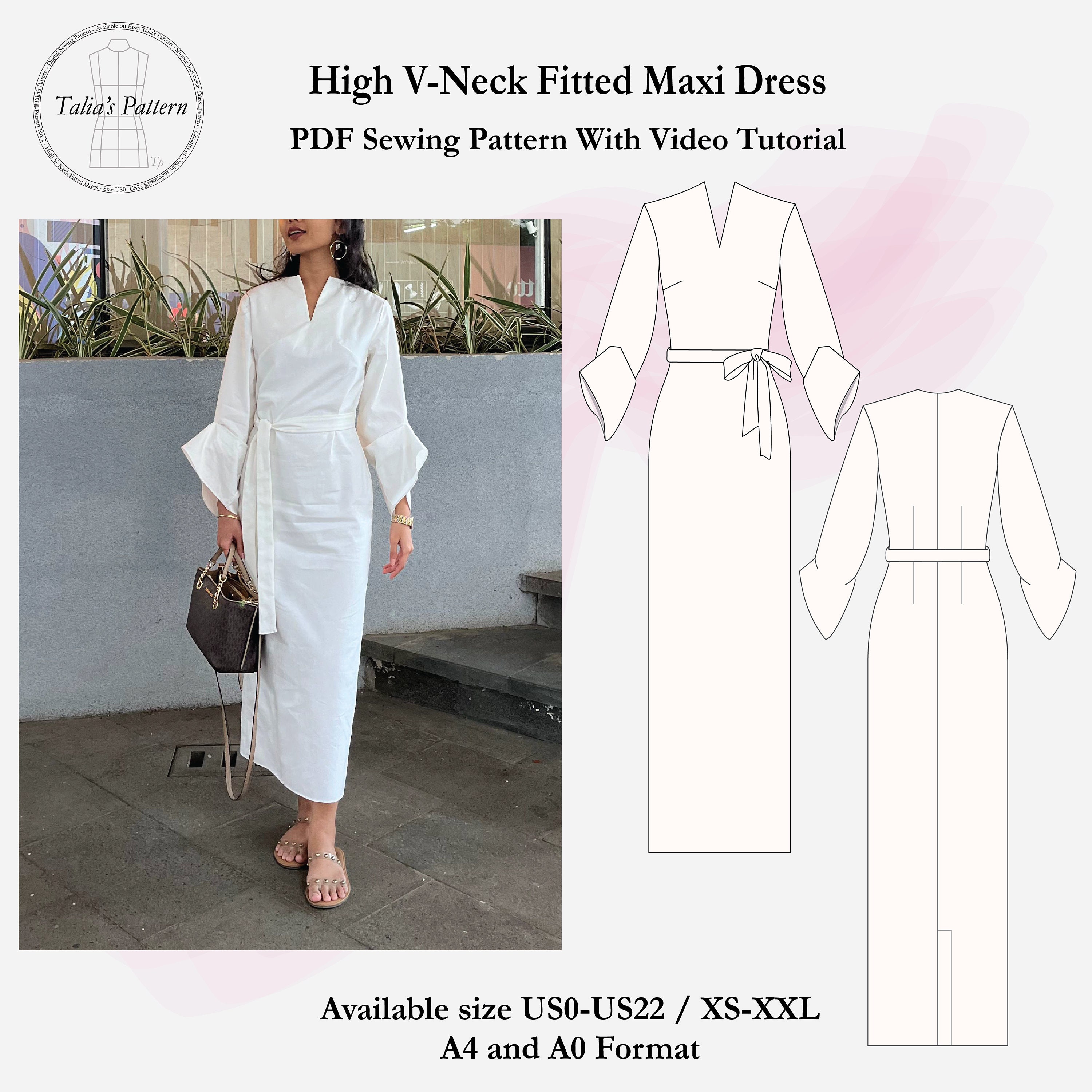 Formal and Casual Dress Pattern - Women's High V-neck Fitted Maxi Dress ...