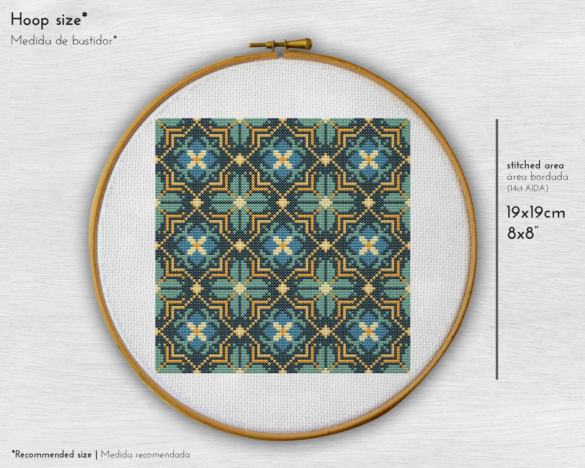 Tile Cross Stitch Pattern for Boho Home Decoration, Blue Geometric Tile ...