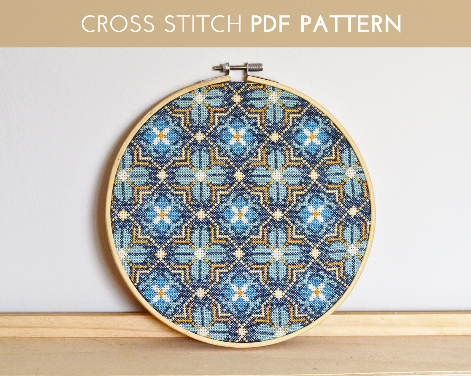 Tile Cross Stitch Pattern for Boho Home Decoration, Blue Geometric Tile ...