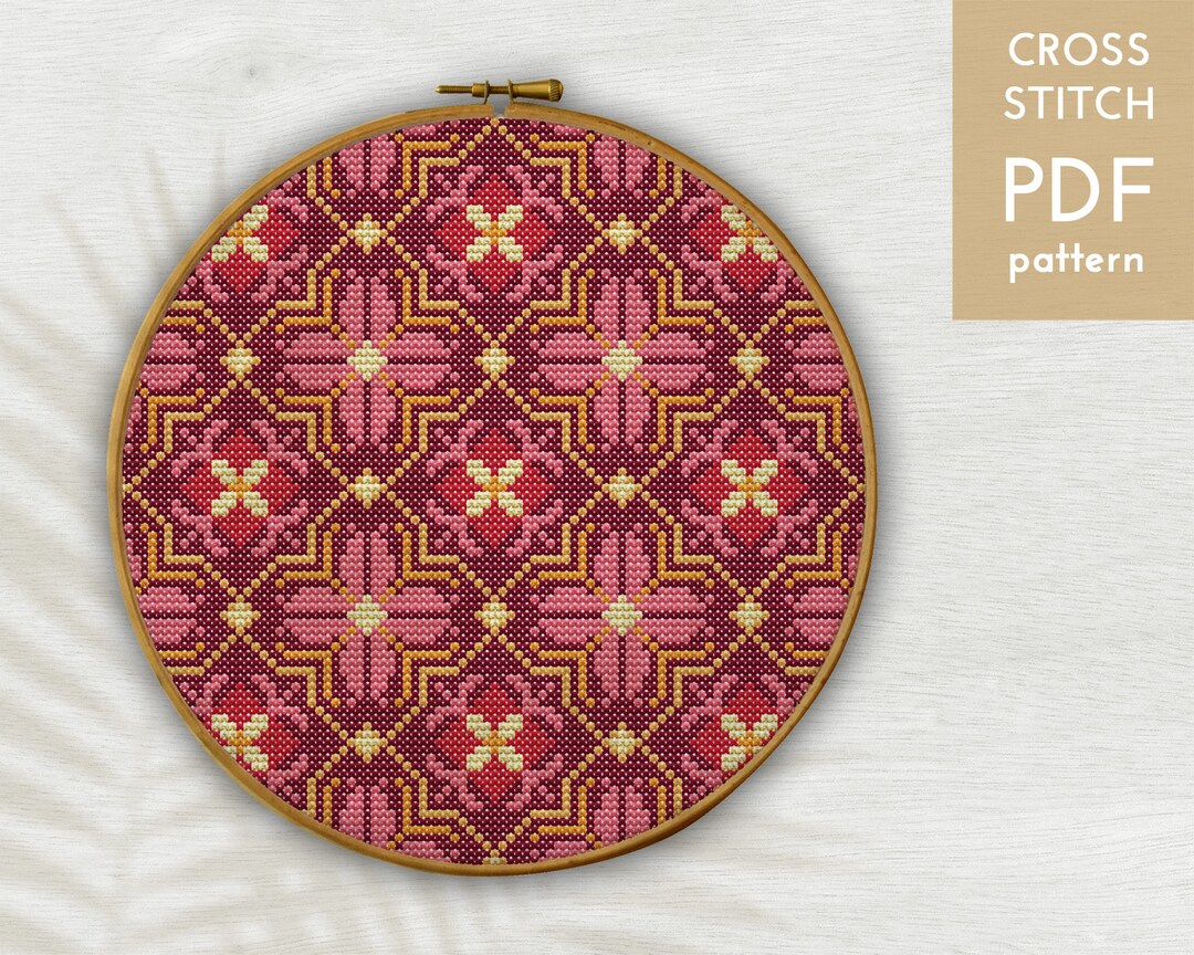 Pink Tile Cross Stitch PDF Pattern for Instant Download, Bohemian Pink ...