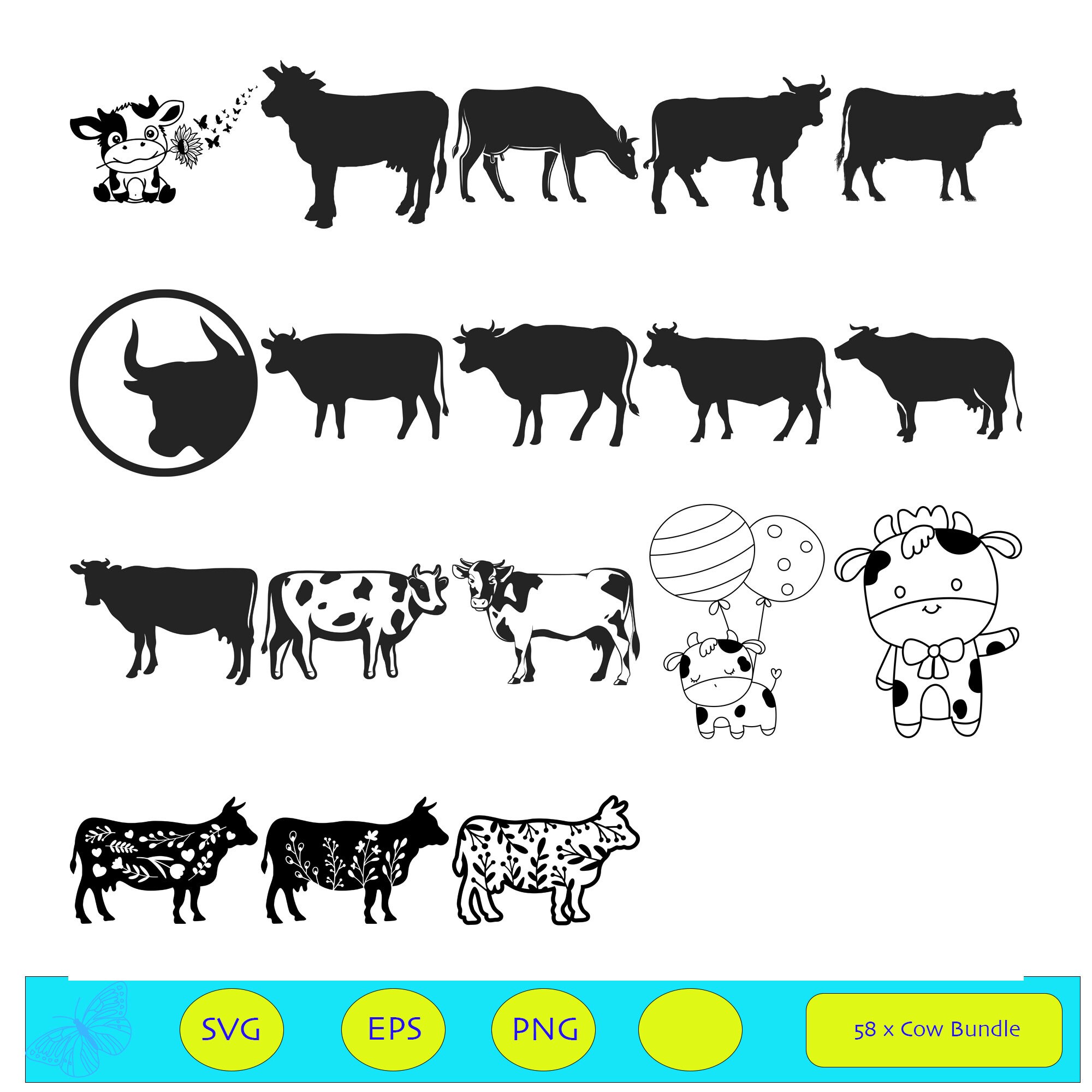Cow Bundle, Svg / Eps / Png Bundle, 58 Cow Svg - Etsy