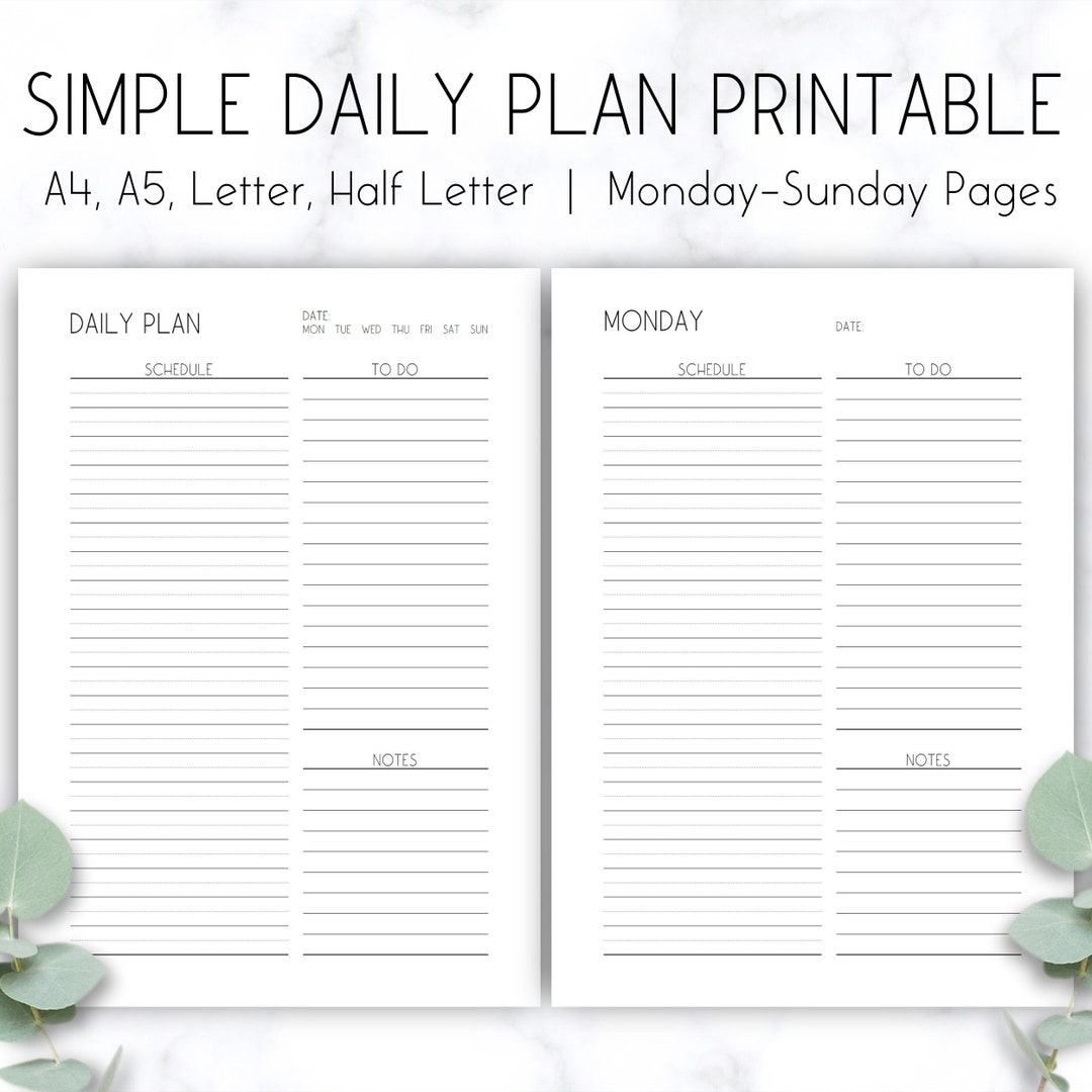 Minimalist Daily Plan Printable, Simple Daily Planner Template, Letter ...