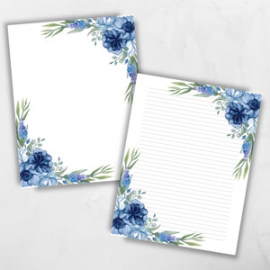 Floral Stationery Printable, Blue Flowers Writing Paper, Floral Notes ...