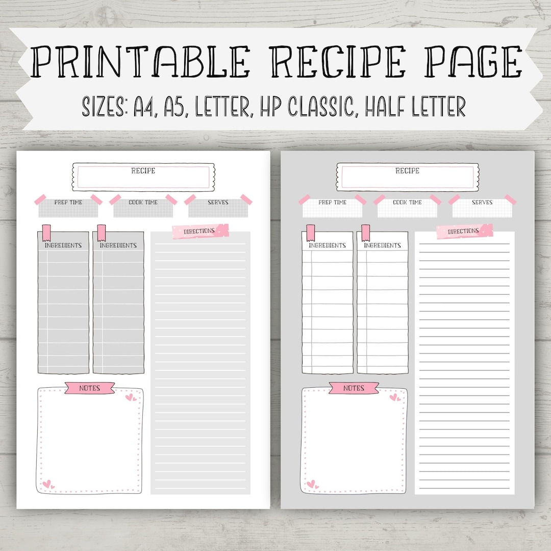 Printable Recipe Template, Blank Recipe Page, Cookbook Template, Recipe ...