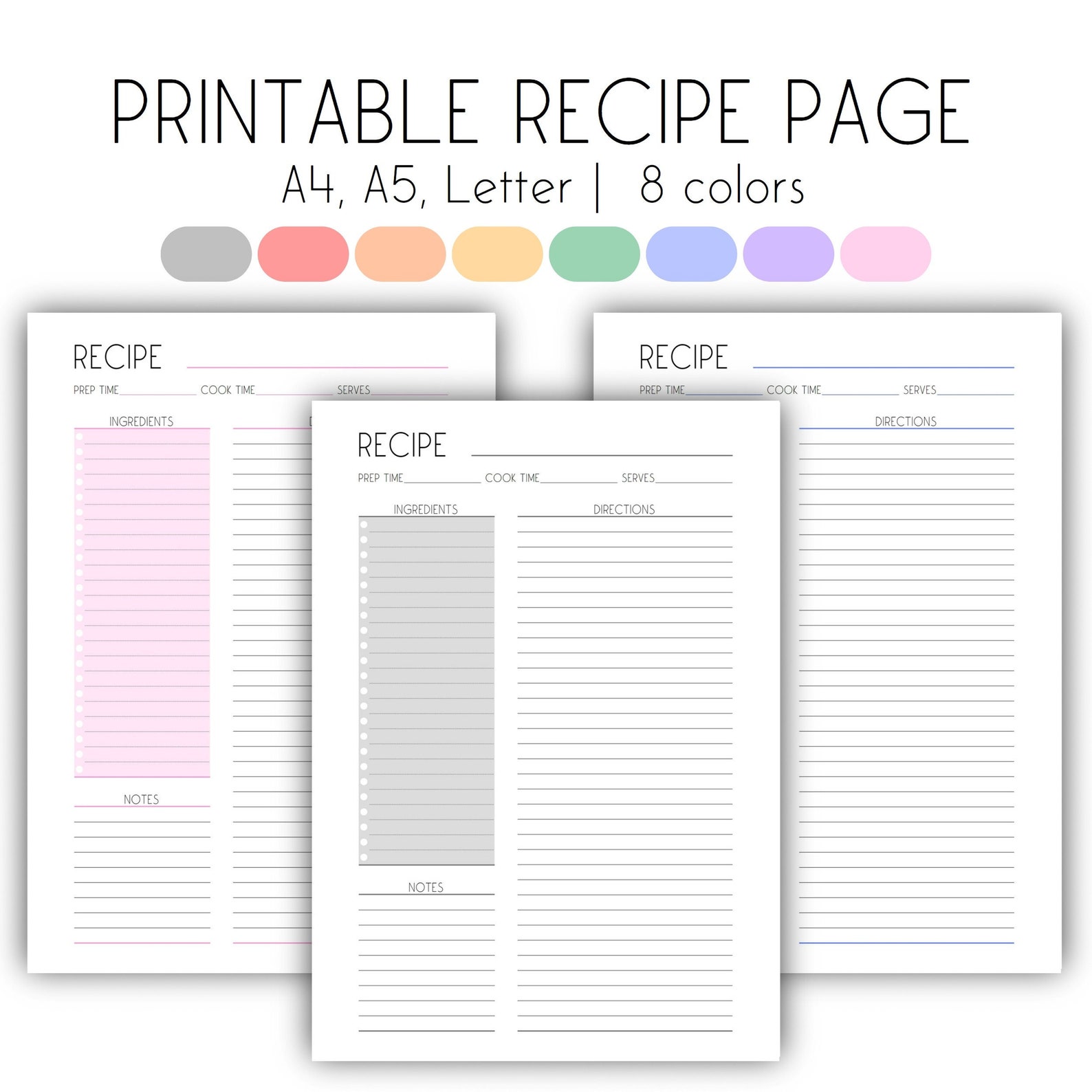 Recipe Page Printable Blank Recipe Template Recipe Sheet A4 - Etsy