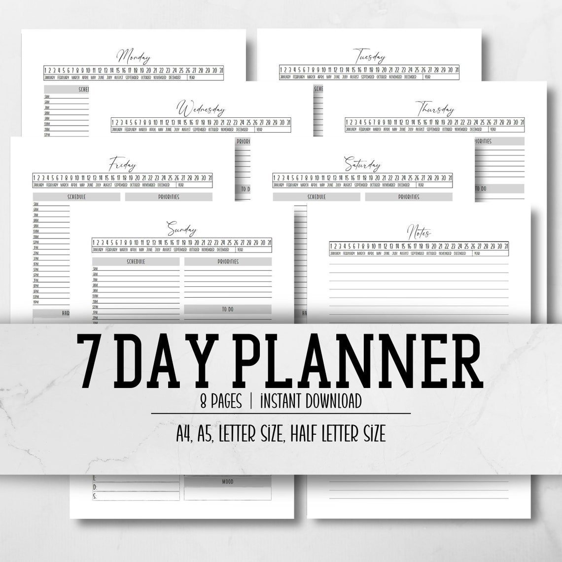 Printable Daily Planner Printable 7day Planner Productivity - Etsy