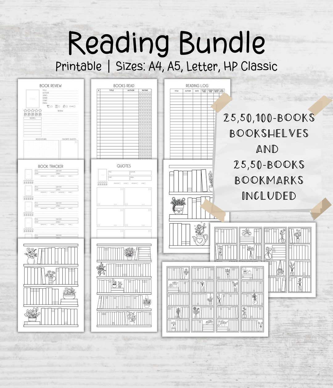 Printable Reading Bundle With 25/50/100 Bookshelves and 25/50 Books ...