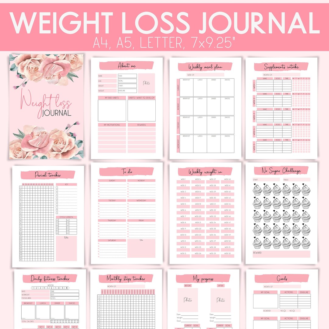 Weight Loss Journal, Pink Fitness Planner Printable, Fitness Challenge ...